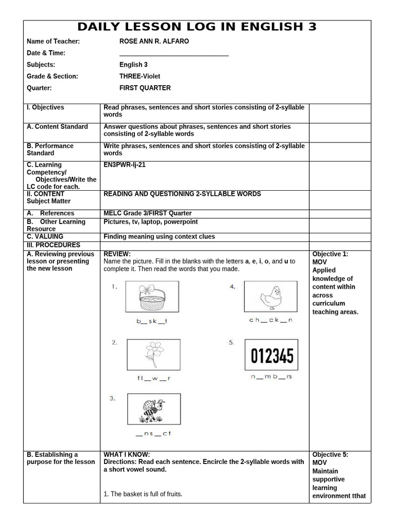 COT-ENGLISH-Q1-2-SYLLABLES | PDF