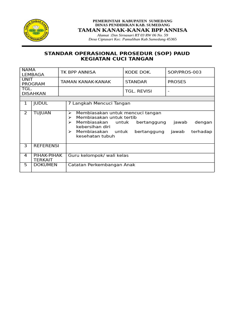 SOP Cuci Tangan untuk PAUD | PDF | Karier & Perkembangan | Pengembangan ...