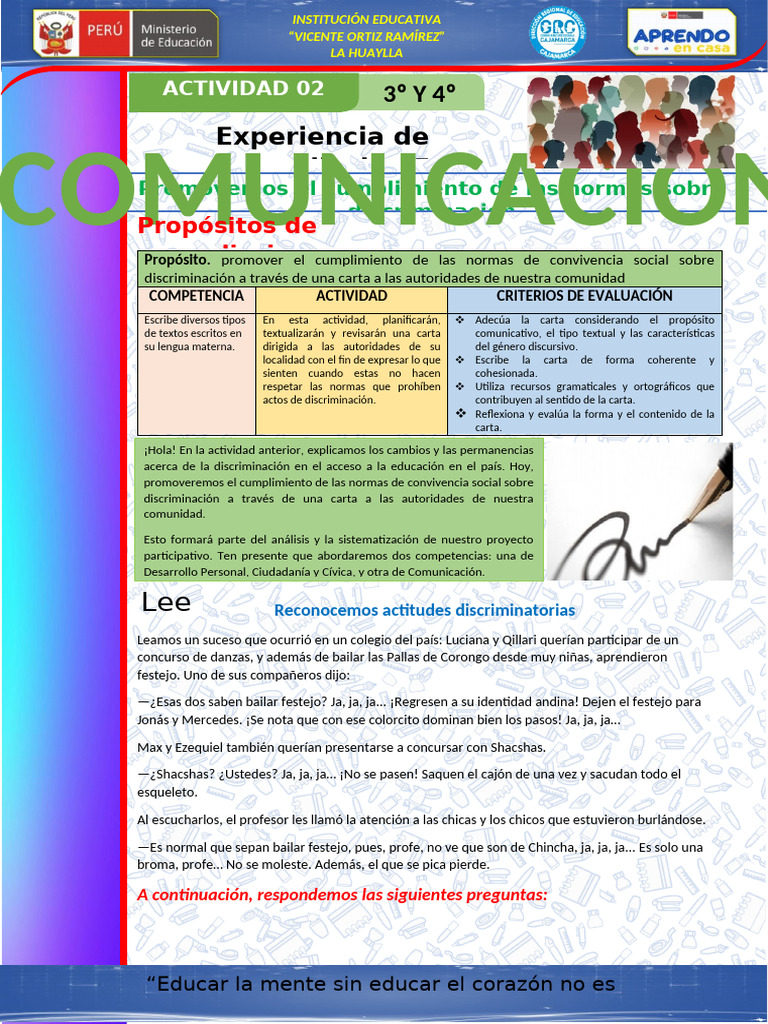 Actividad 02 - Experiencia de Aprendizaje 5 - Tercero y Cuarto - Com | PDF