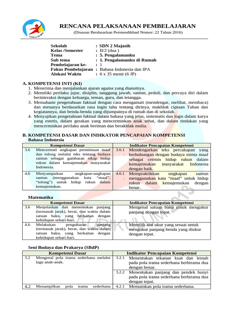 RPP KELAS 2 TEMA 5 | PDF