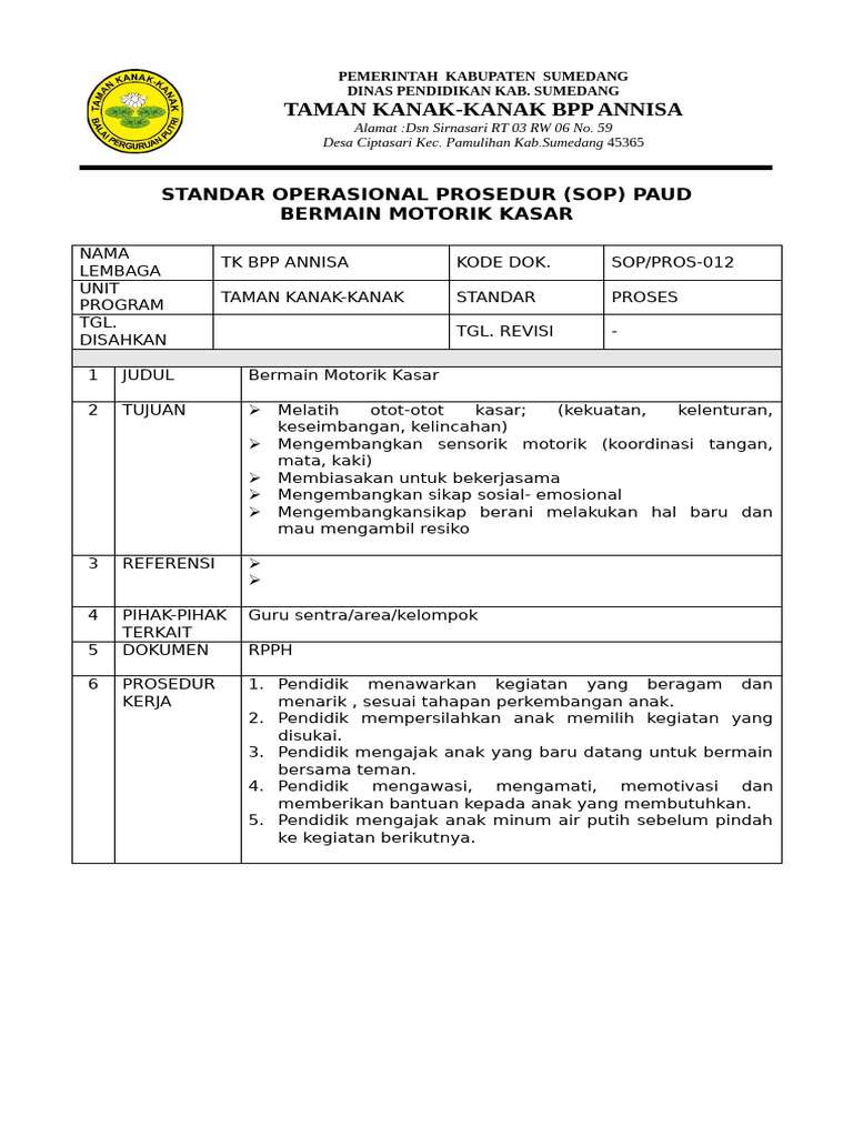 Sop Paud Bermain Motorik Kasar | PDF