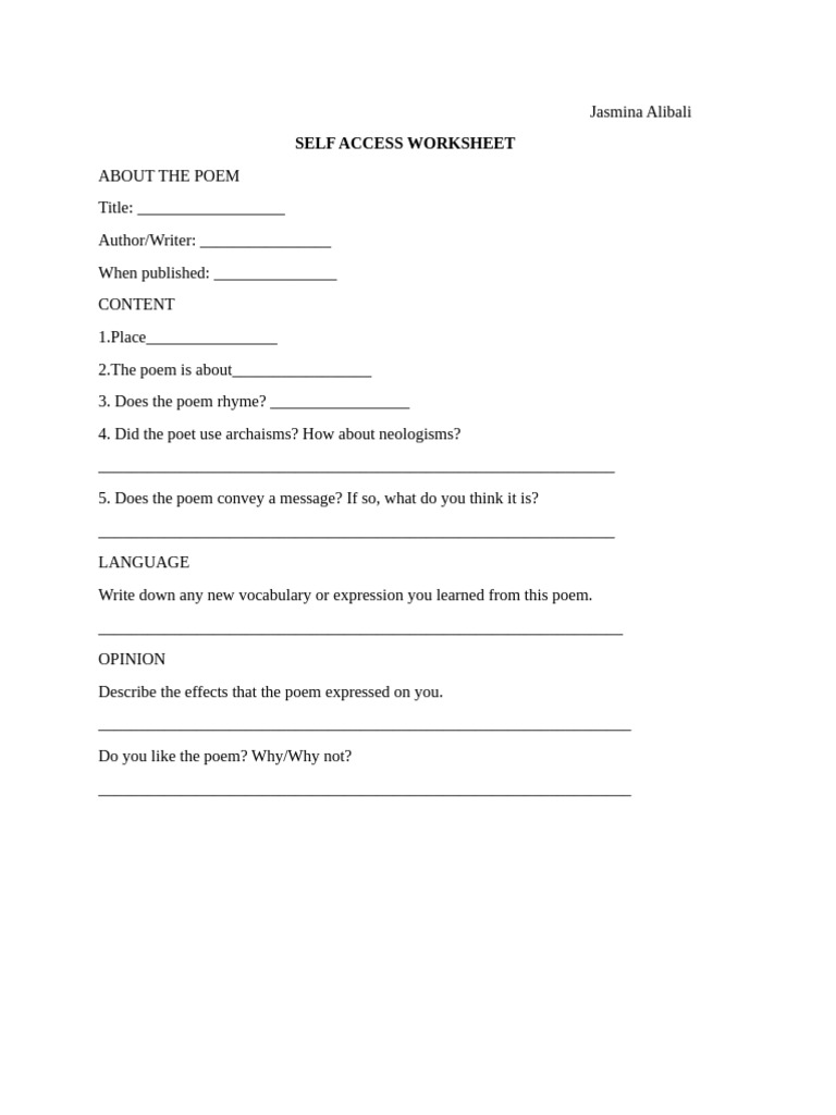 Self Access Worksheet | PDF