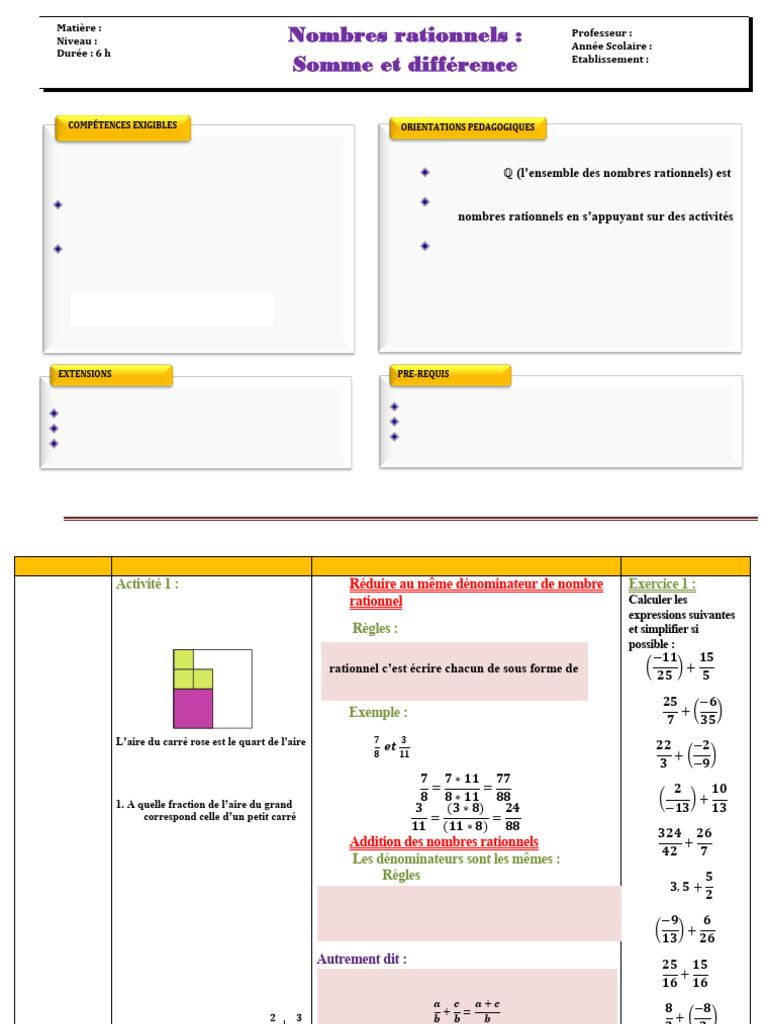 Addition Et Soustraction Des Nombres Rationnels Fiches Pedagogiques ...