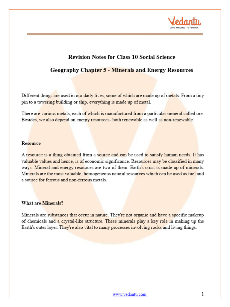 Minerals and Energy Resources Class 10 Geography Chapter 5 Notes | PDF