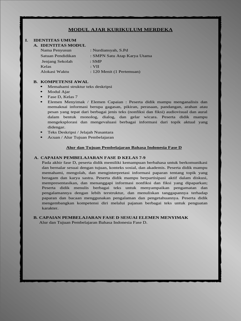 Modul Bahasa Indonesia Menelaah Struktur Teks Deskripsi Kurmer | PDF