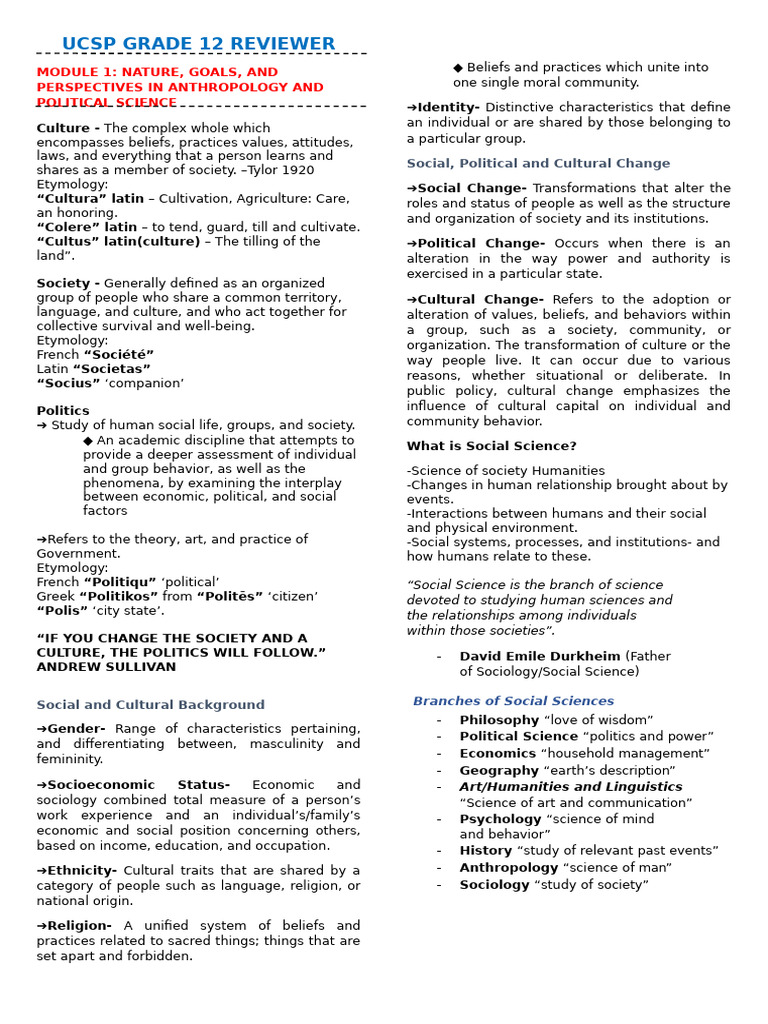 UCSP-Reviewer For Quarter 1-Lesson 1-6 | PDF