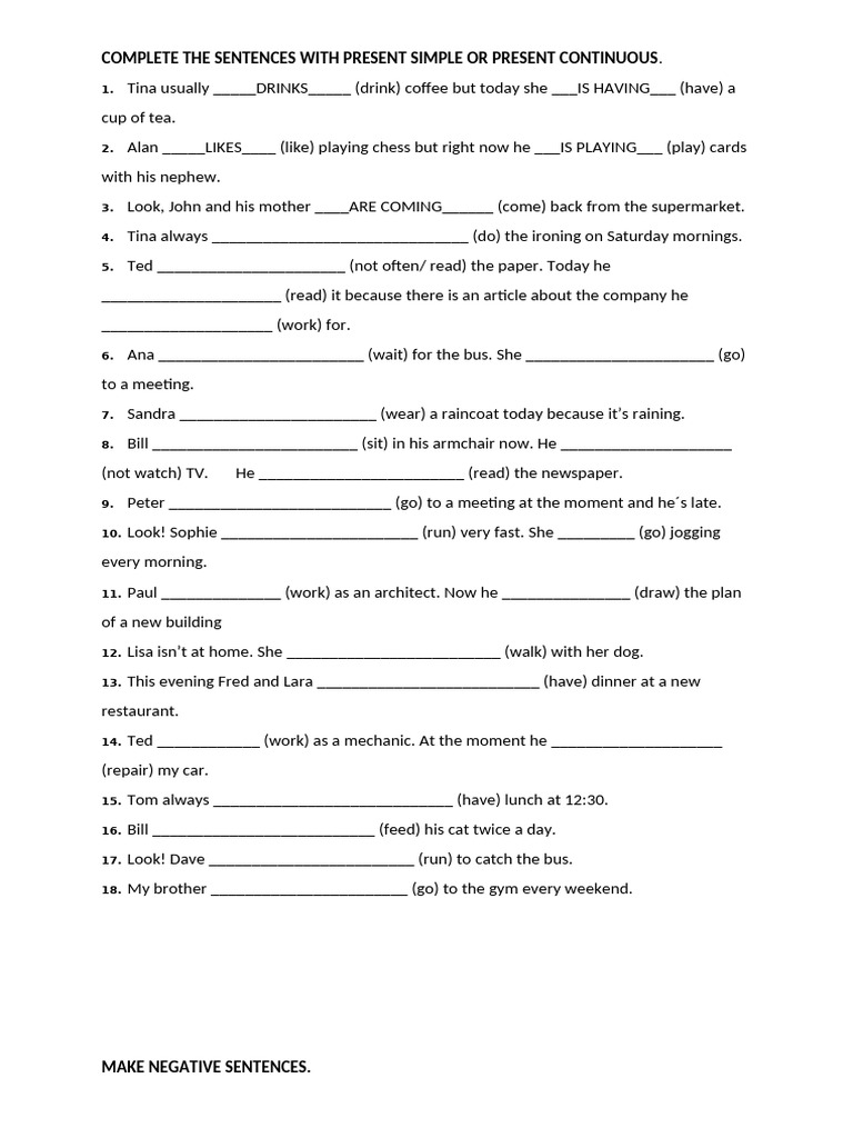 Present Simple or Present Continuous Homework | PDF