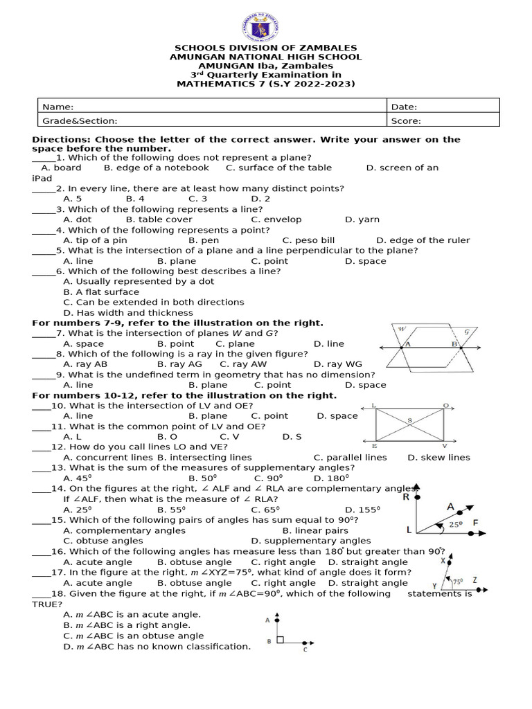 3rd Quarterly Exam G7 | PDF | Euclidean Geometry | Classical Geometry