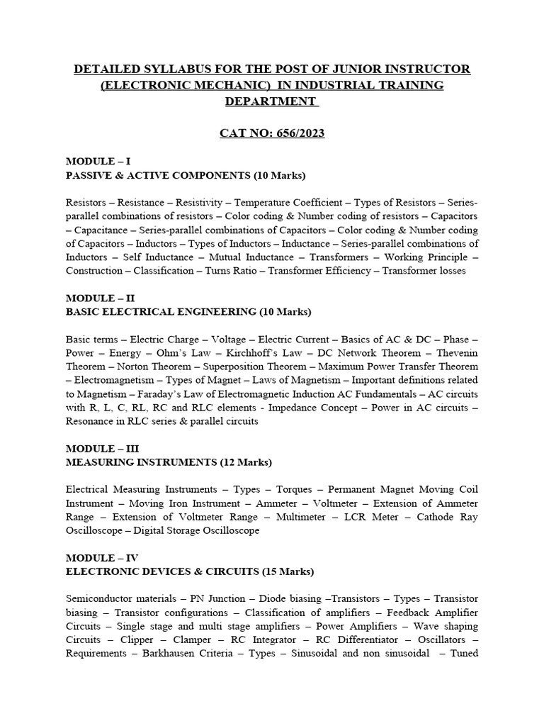 JUNIOR INSTRUCTOR (ELECTRONIC MECHANIC) New Syllabus PDF | PDF