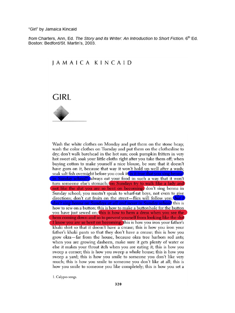 Girl - Jamaica Kincaid | PDF