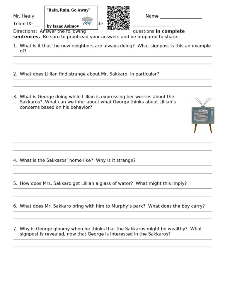 Rain Rain Go Away Study Guide | PDF