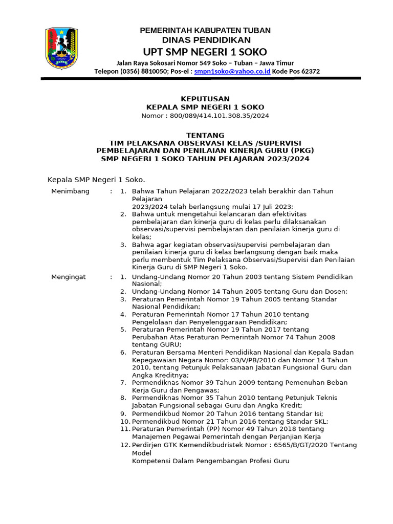 SK Tim Supervisi Observasi Kelas Dan PKG 2023-2024 - Genap Ok | PDF