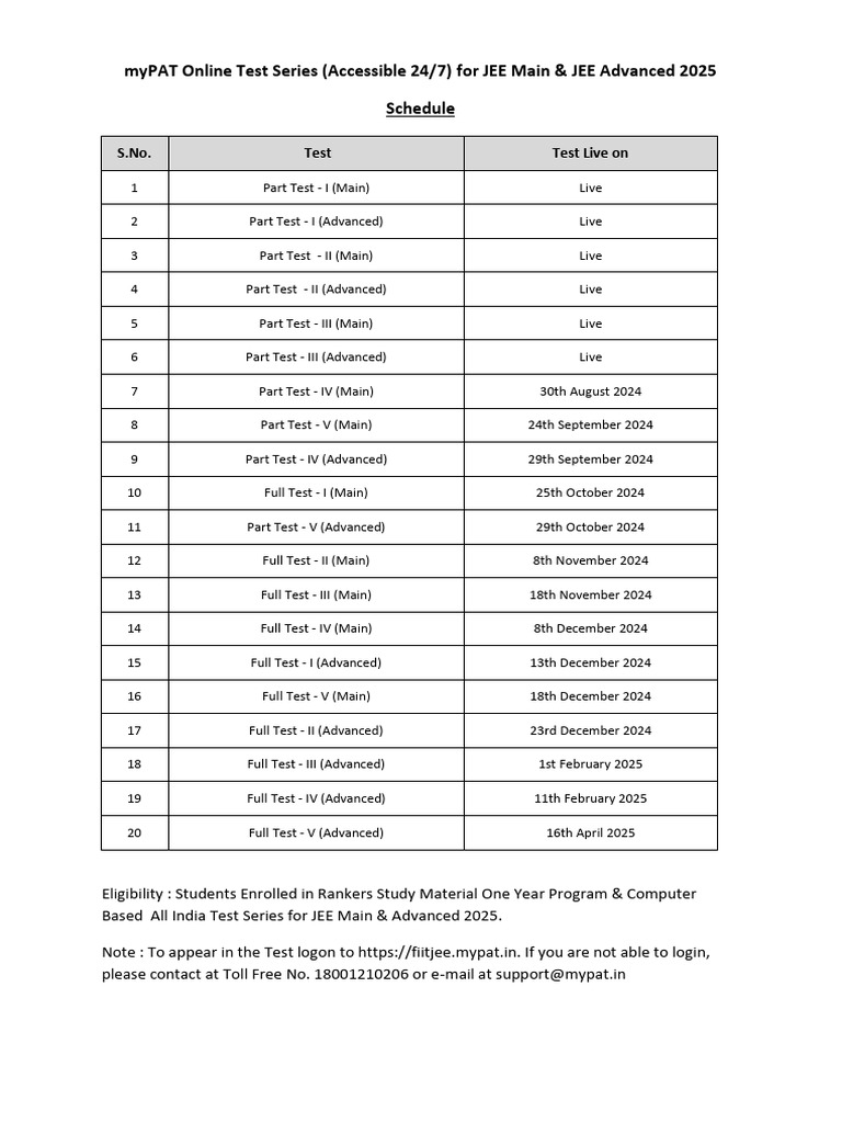 myPAT Schedule For JEE 2025 | PDF