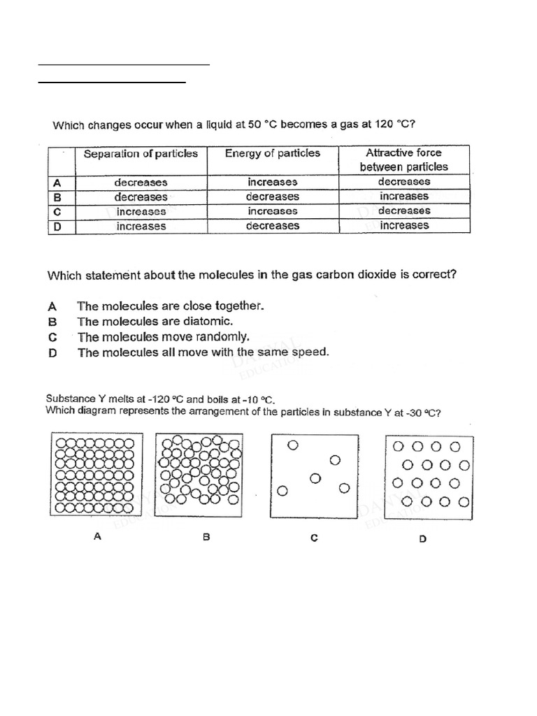 Combined Chemistry MCQs Kinetic Particle Theory Test 1.0 | PDF