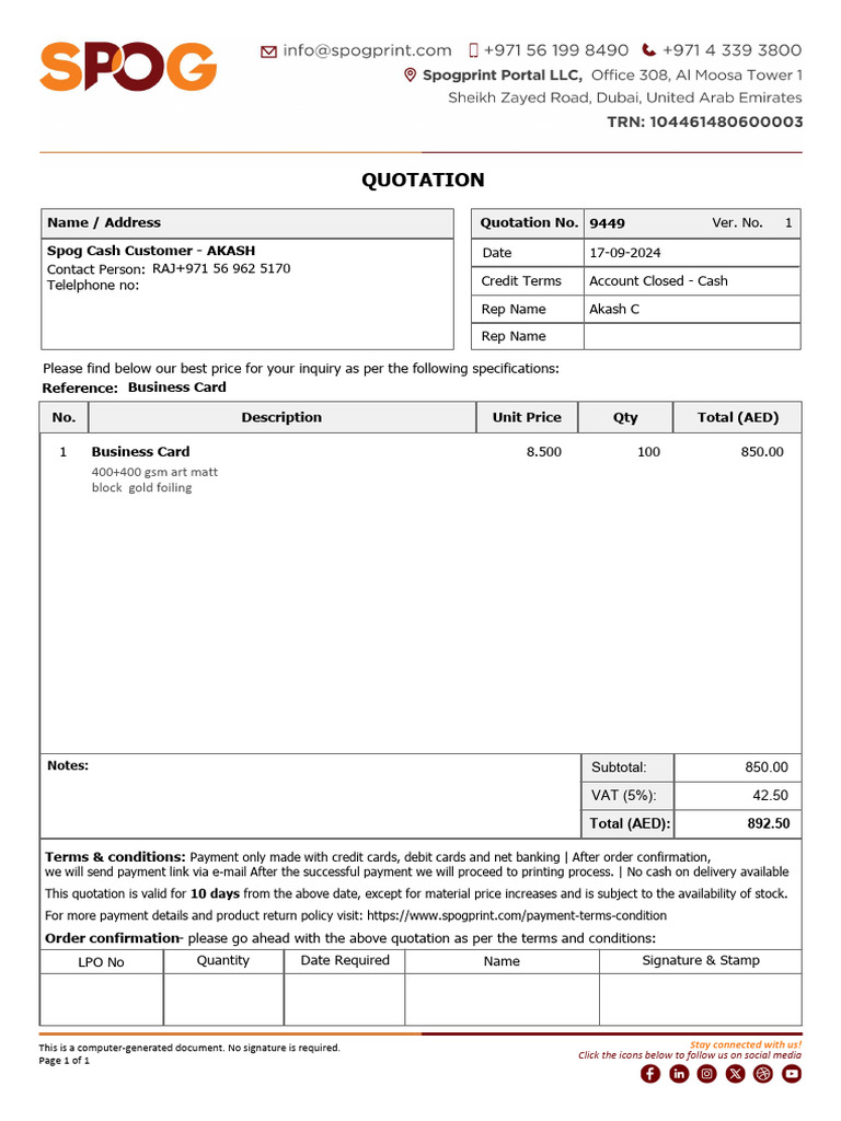 Quotation: Spog Cash Customer - AKASH Quotation No. Name / Address 9449 ...