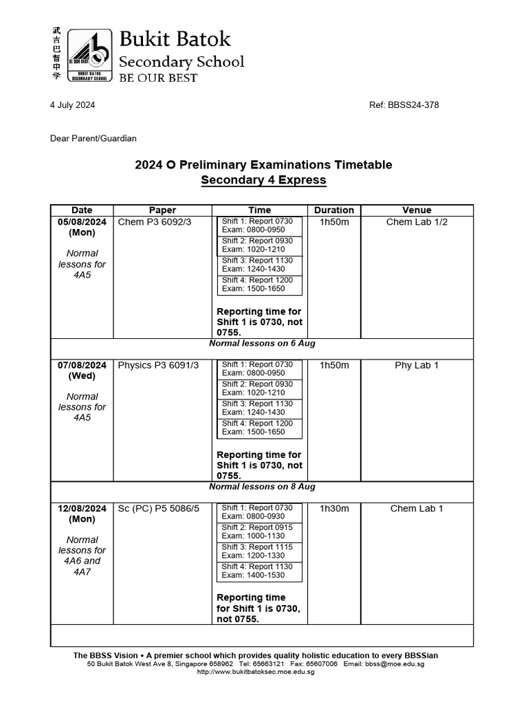 2024 Prelim Exam Timetable - 4E | PDF