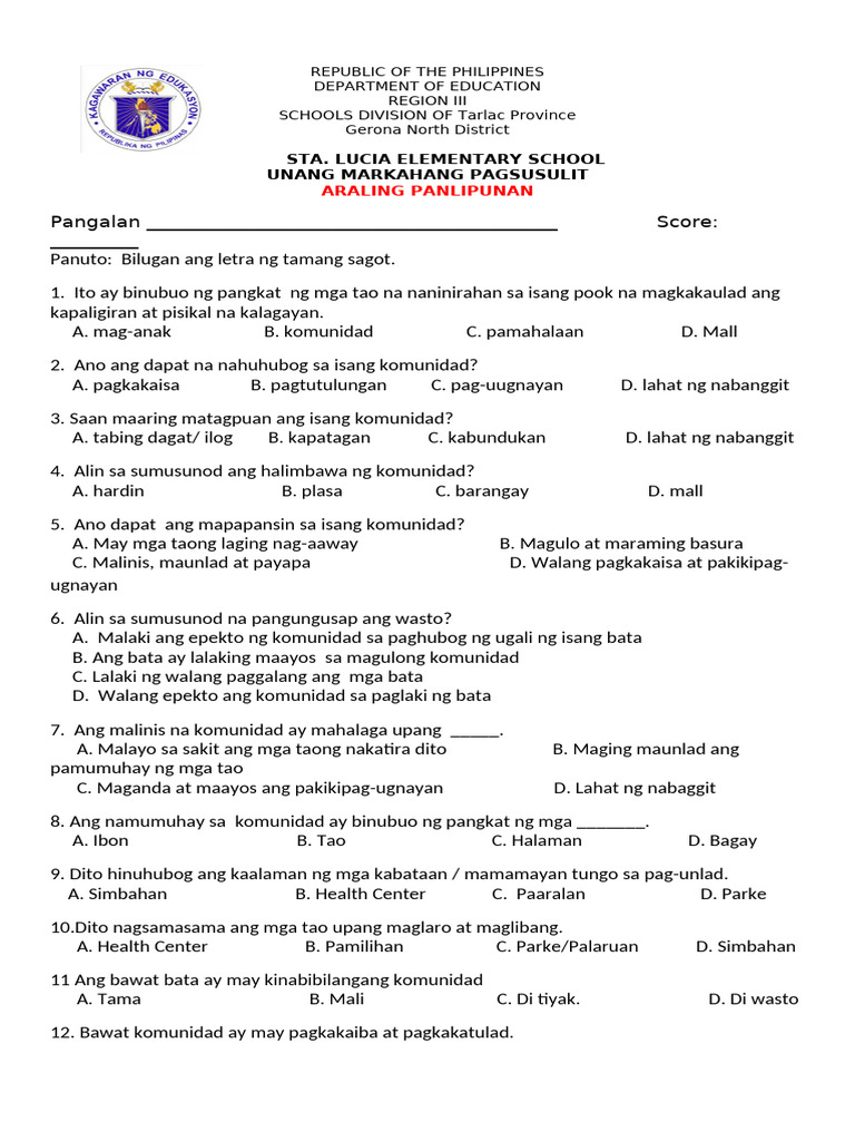 Tagalog Questions on Community Concepts | PDF | Philippines | Science ...