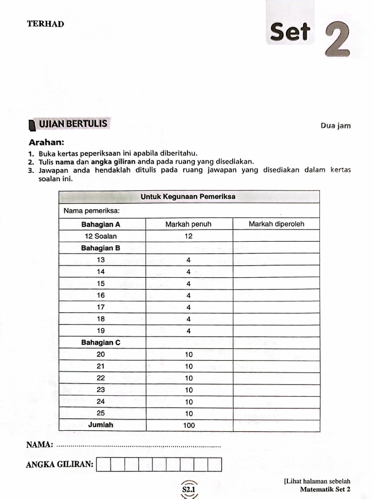 Uasa Matematik Set2 (Tingkatan 3) | PDF