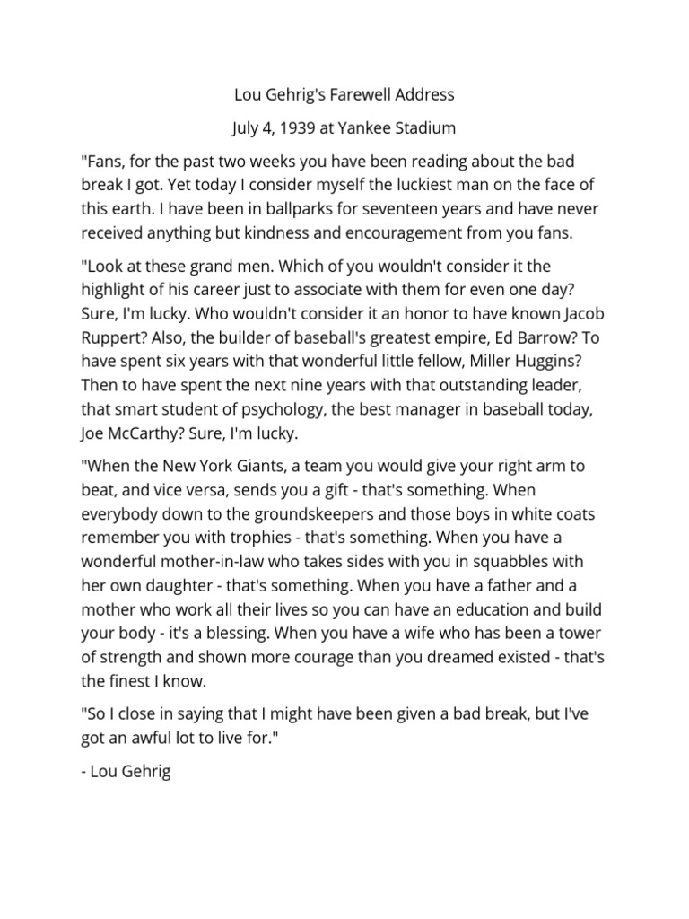 Lou Gehrig Speech 1 | PDF | Sports & Recreation