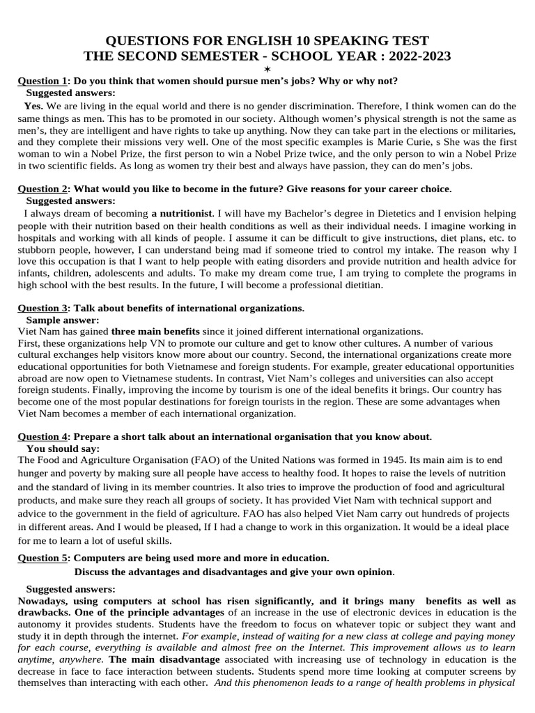 Speaking Test - HK2 - K10 - 2022-2023 | PDF