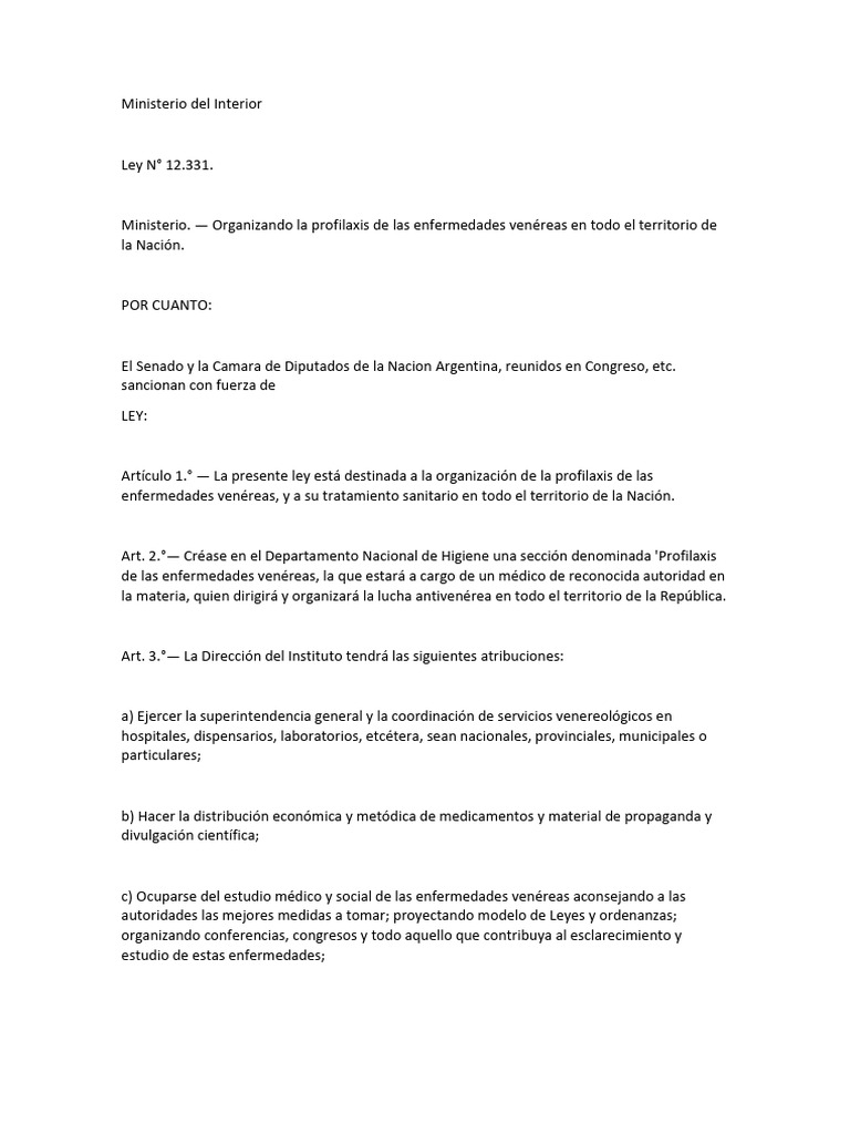 Ley 12331 (Profilaxis Enfermedades Venereas) | PDF