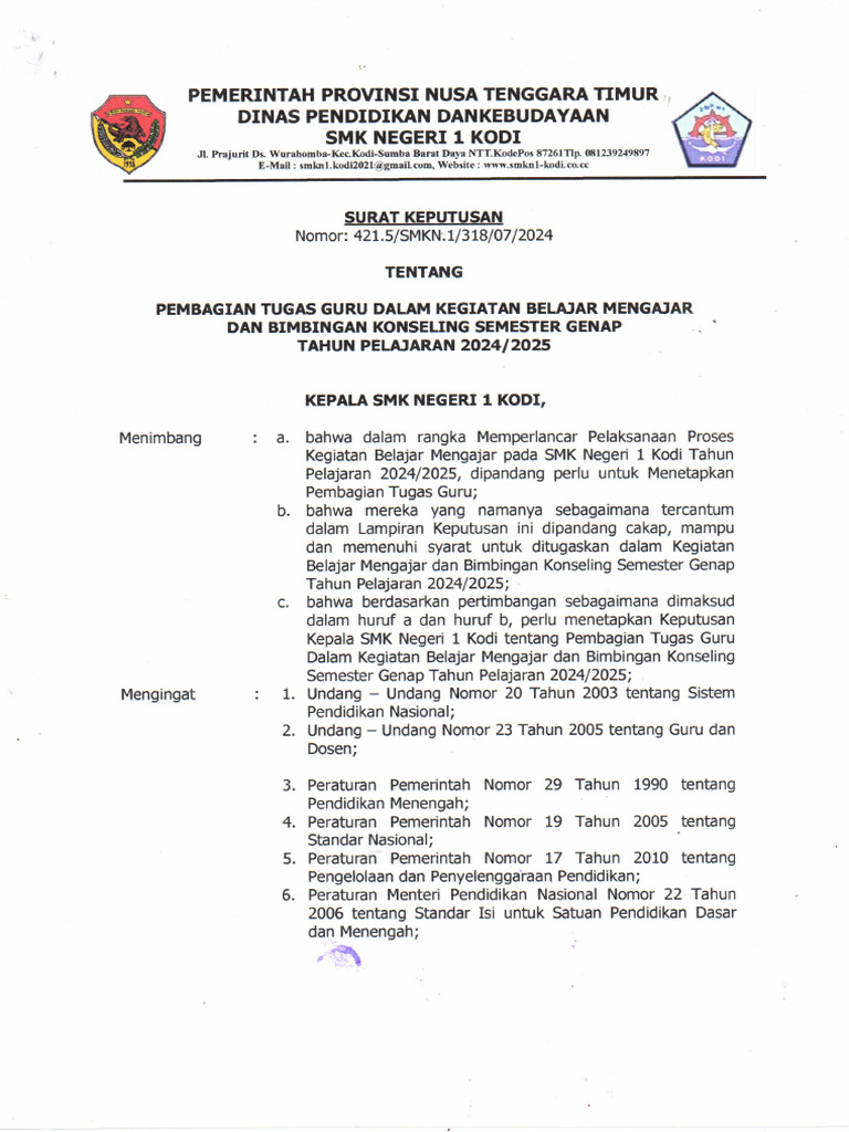 SK Pembagian Tugas 2024-2025 Ganjil | PDF
