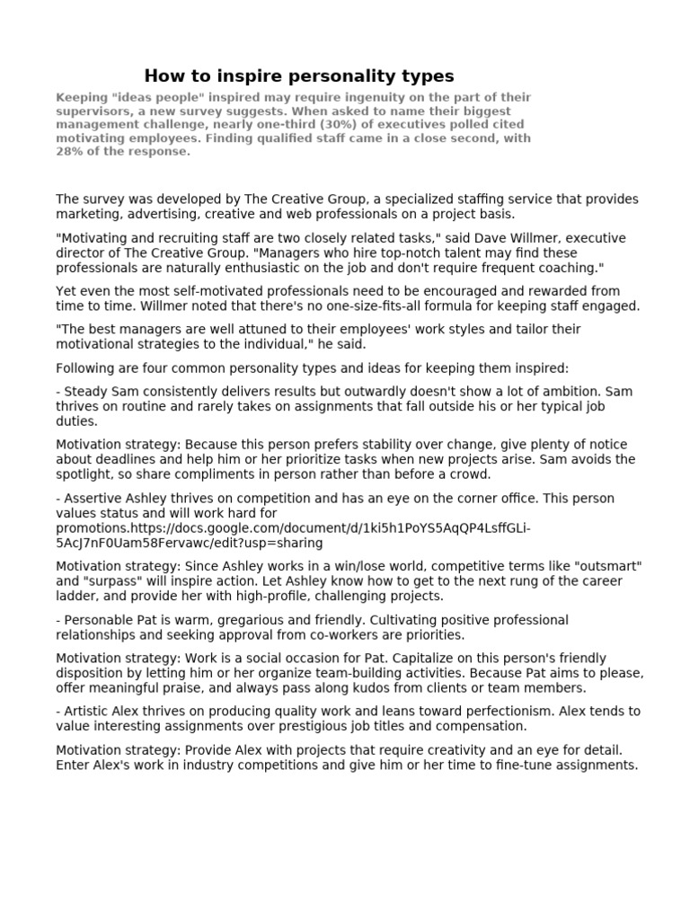 How To Inspire Personality Types Article + Questions | PDF | Motivation ...