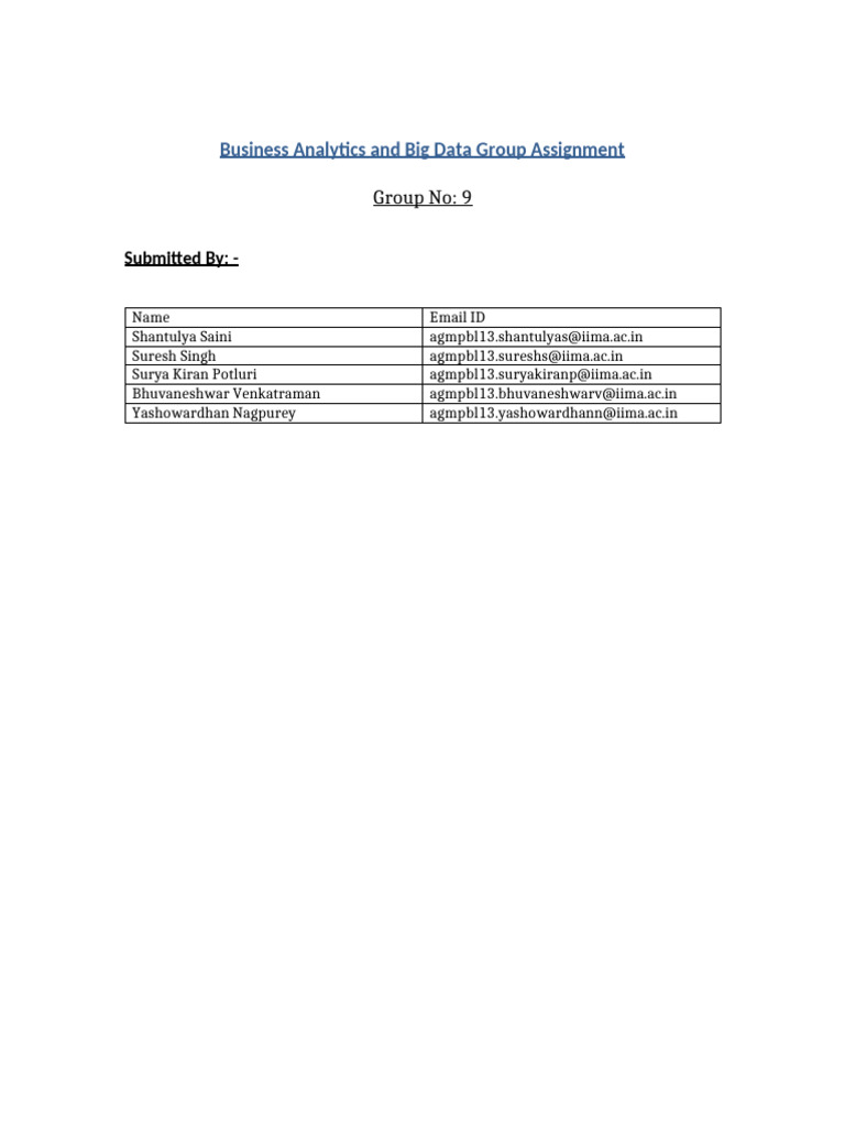 Business Analytics and Big Data Assignment Group 9 | PDF
