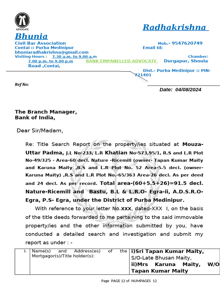 Title Search Report for Karuna Maity | PDF | Mortgage Law | Private Law