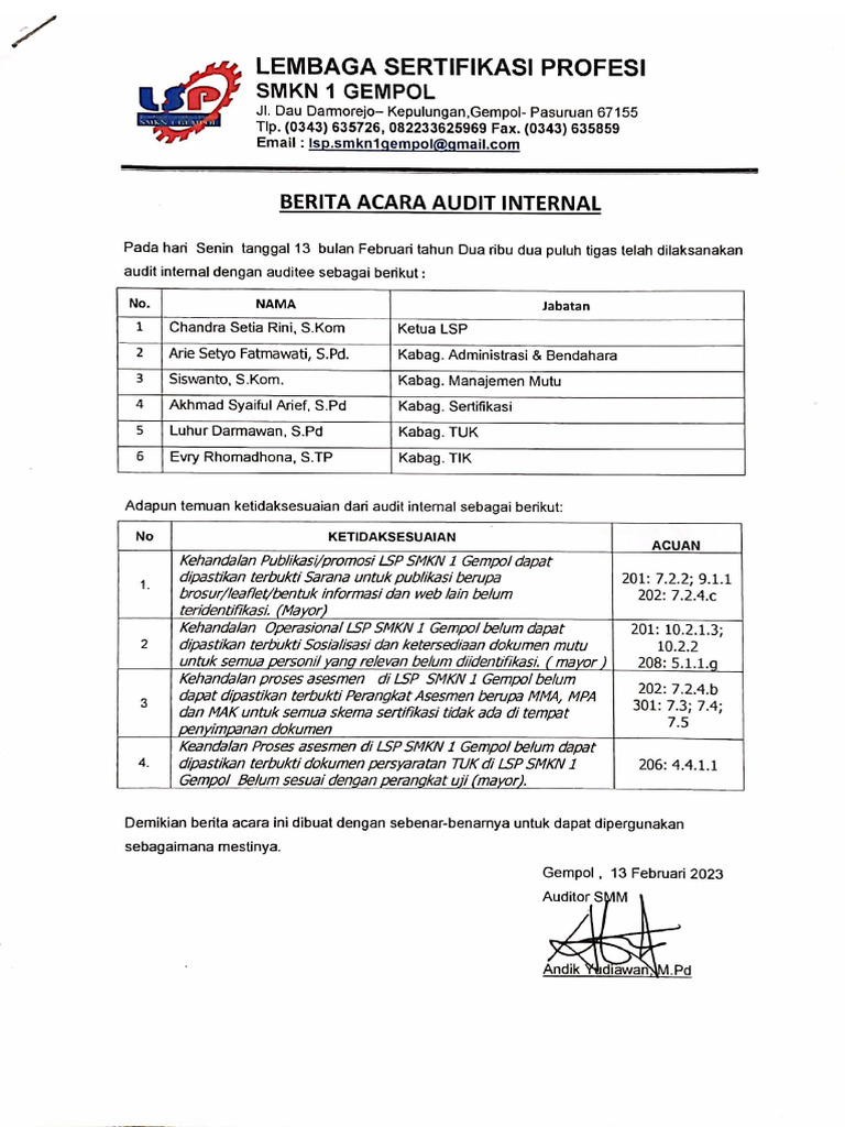 Rekaman Audit Internal | PDF