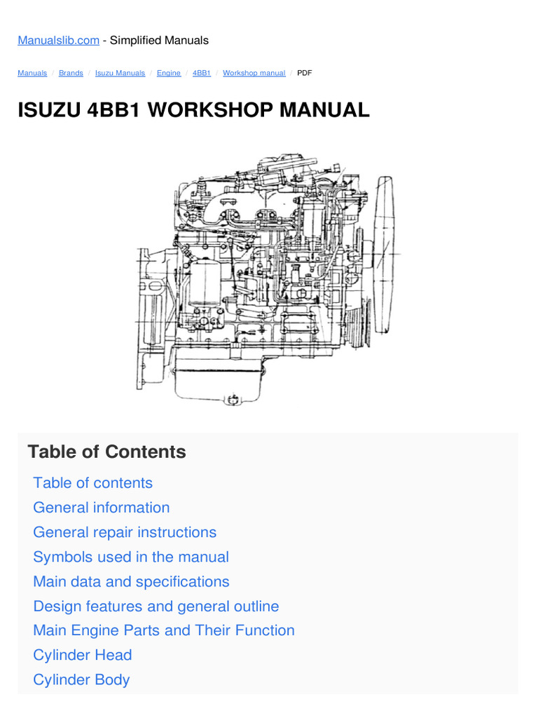 Isuzu 4Bb1 Workshop Manual: - Simplified Manuals | PDF