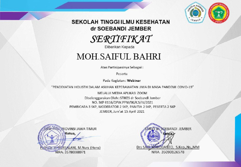 MOH.SAIFUL BAHRI - Sertifikat Webinar Keperawatan Jiwa 2021 | PDF