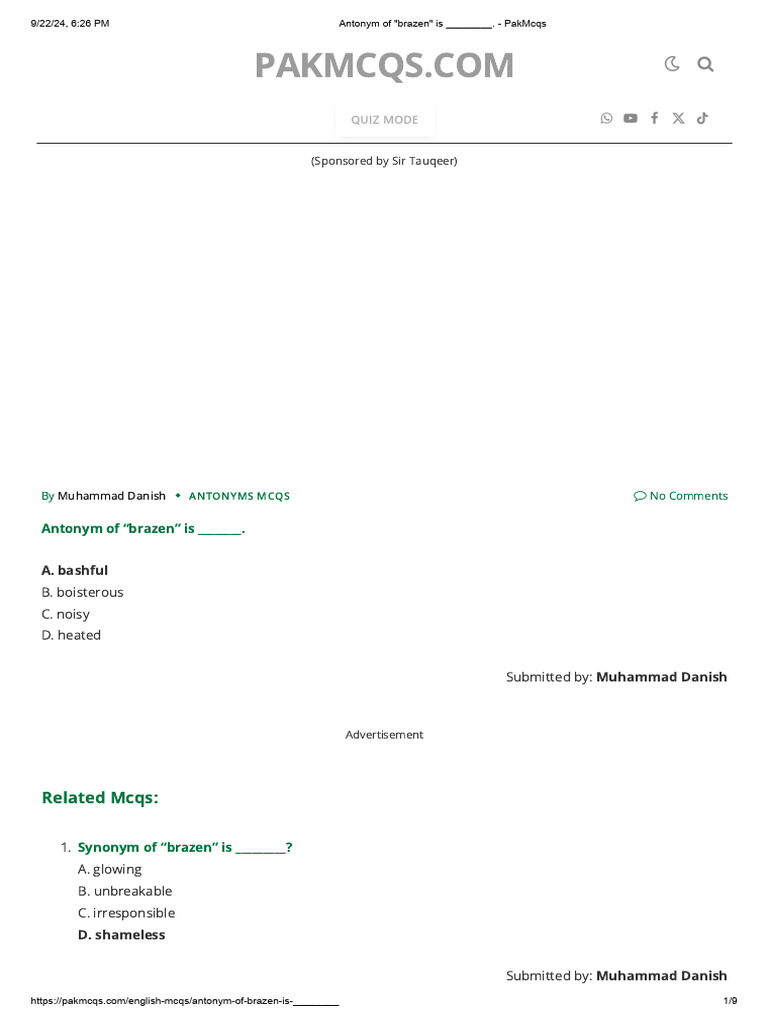 Antonym of Brazen Is - PakMcqs | PDF