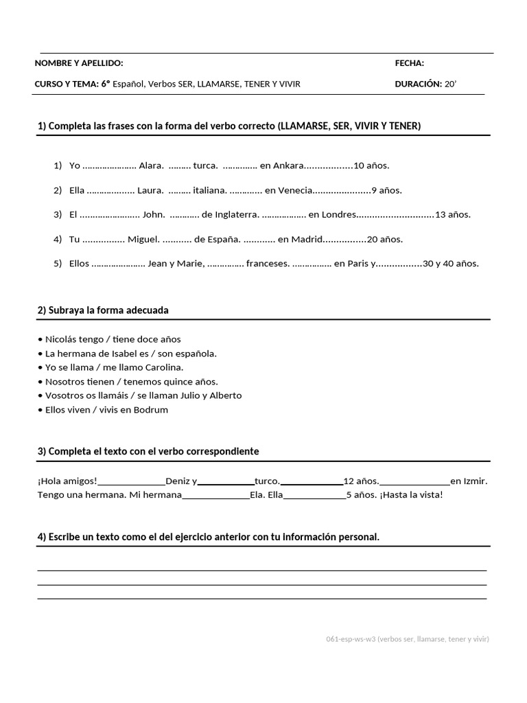 Ejercicios Verbos SER, LLAMARSE, TENER, VIVIR | PDF