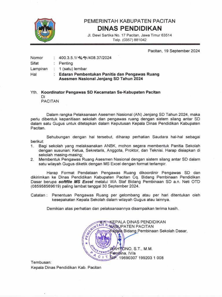 EDARAN PEMBENTUKAN PANITIA DAN PENGAWAS RUANG AN SD 2024 | PDF EDARAN PEMBENTUKAN PANITIA DAN PENGAWAS RUANG AN SD 2024 | PDF