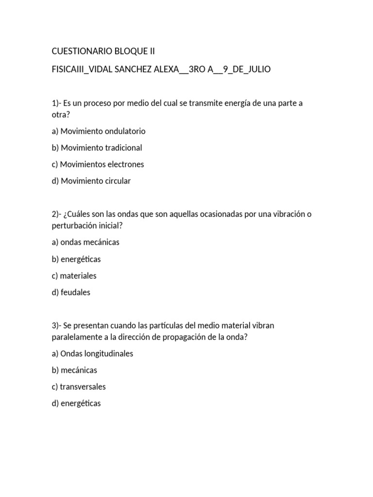 Cuestionario Bloque Ii | PDF | Olas | Mecánica