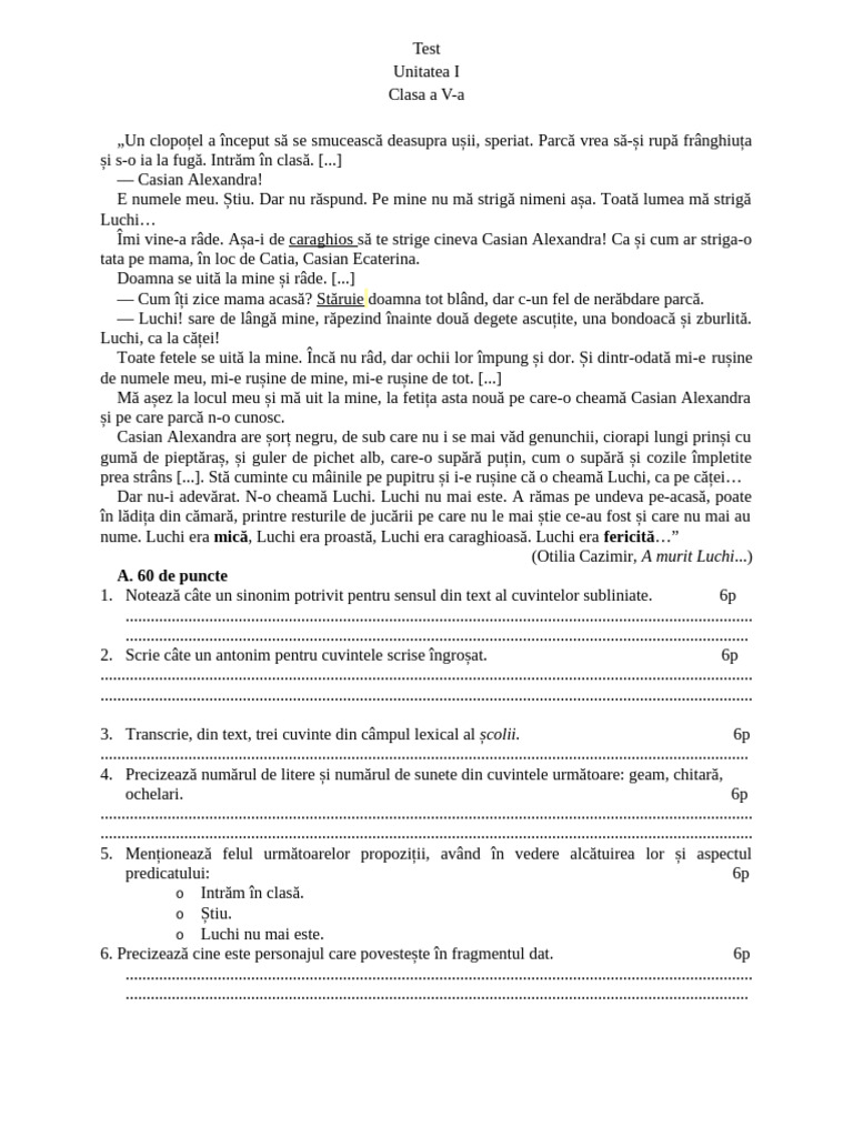 Test Unitatea I - Clasa A V-A | PDF