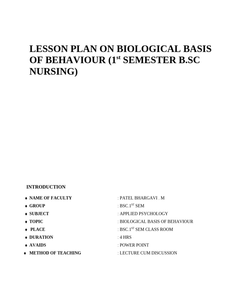 LESSION PLAN On Biological Basis of Behaviour | PDF