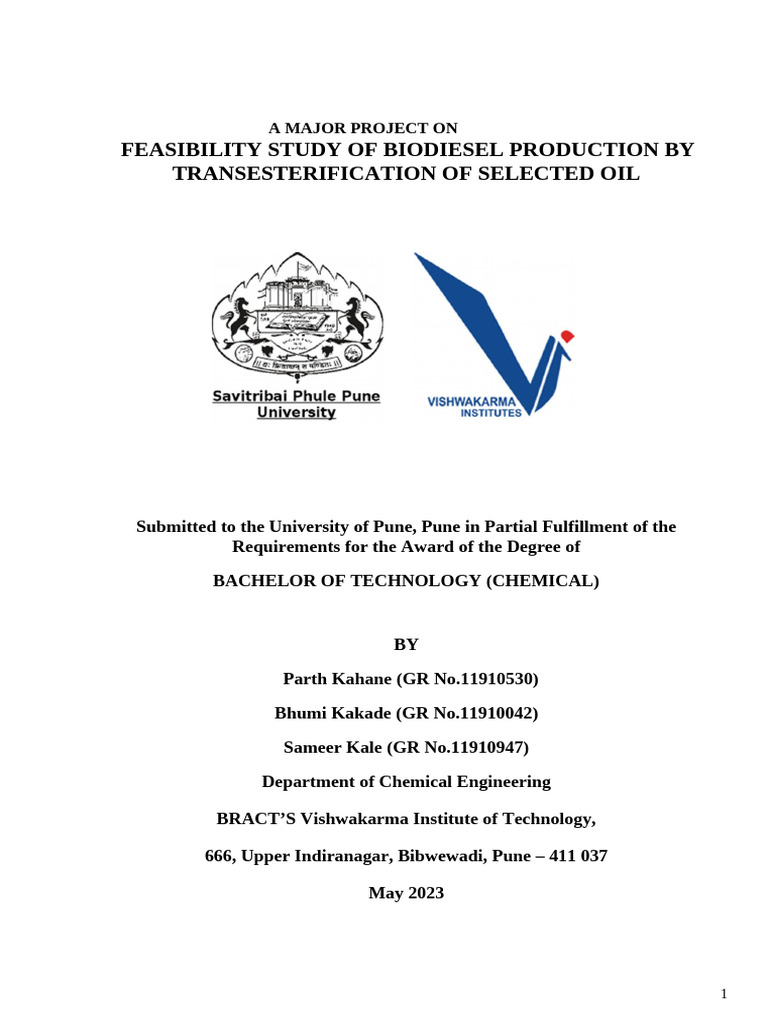 Major - Project FEASIBILITY STUDY OF BIODIESEL PRODUCTION | PDF