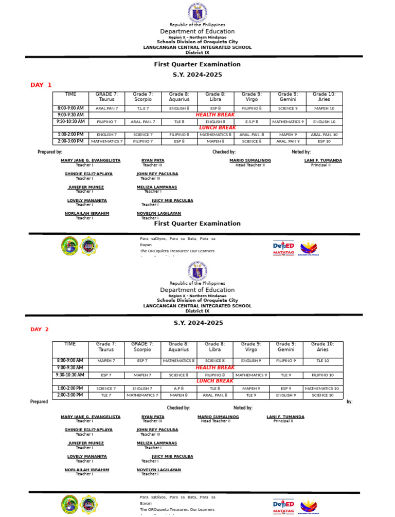 First Quarter Exam Schedule 2024-2025 | PDF | Astrology | Esoteric ...