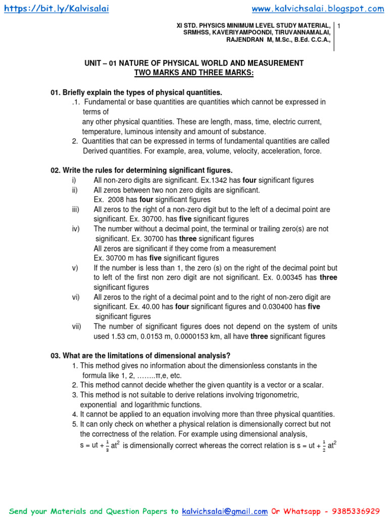 XI STD. PHYSICS MINIMUM STUDY MATERIAL MR 2020 - 2021-watermarked-5 | PDF