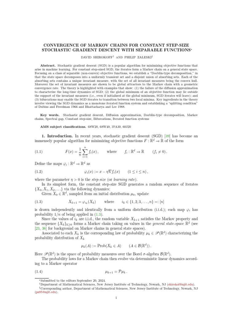 Convergence of Markov Chains For Constant Step-Size Stochastic Gradient Descent With Separable ...