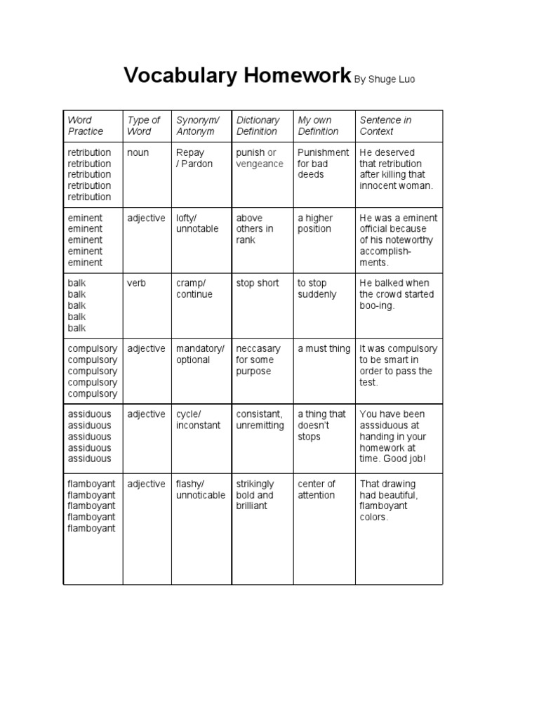 Vocabulary Homework: Synonyms & Antonyms | PDF