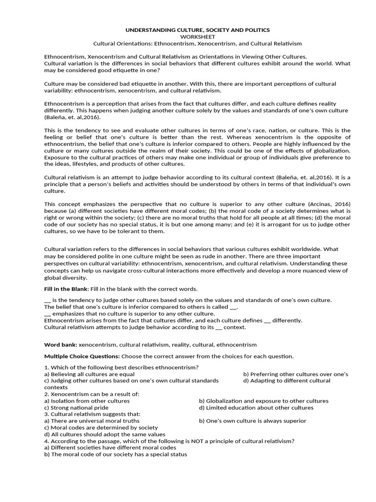 Ucsp Worksheet On Ethnocentrism | PDF