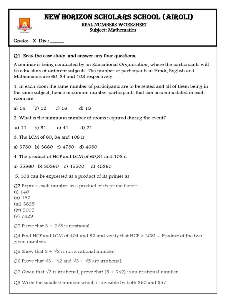 Real Numbers Worksheet Std 10 | PDF