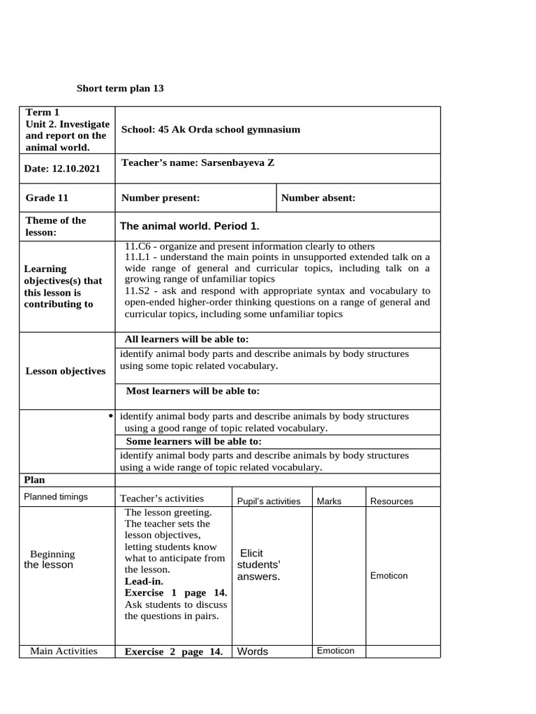 The Lesson Elicit Students' Answers.: Planned Timings Pupil's ...