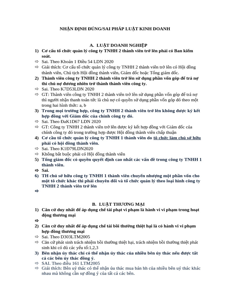 NHẬN ĐỊNH ĐÚNG SAI PLKD | PDF