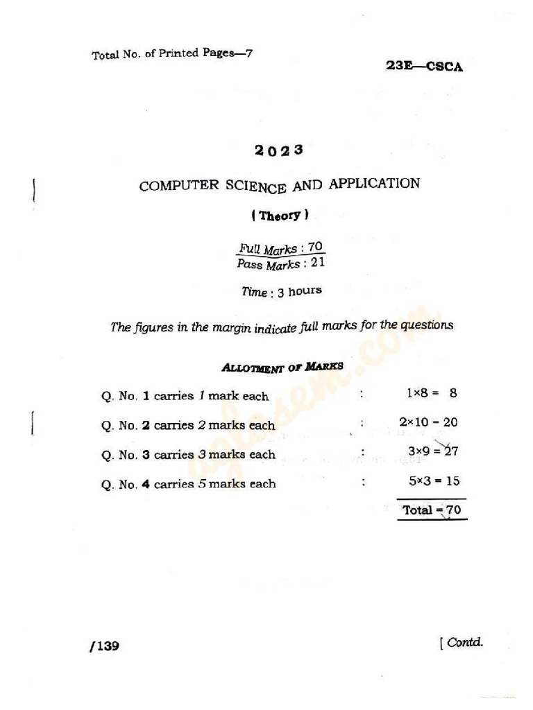 Class 11 (Computer Science) Question Paper 2023 | PDF