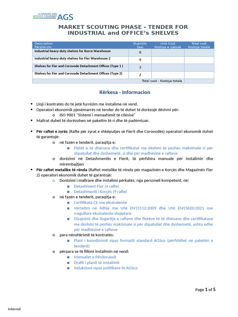 Industrial Shelves - Techincal Specifications For Market Scouting Phase ...