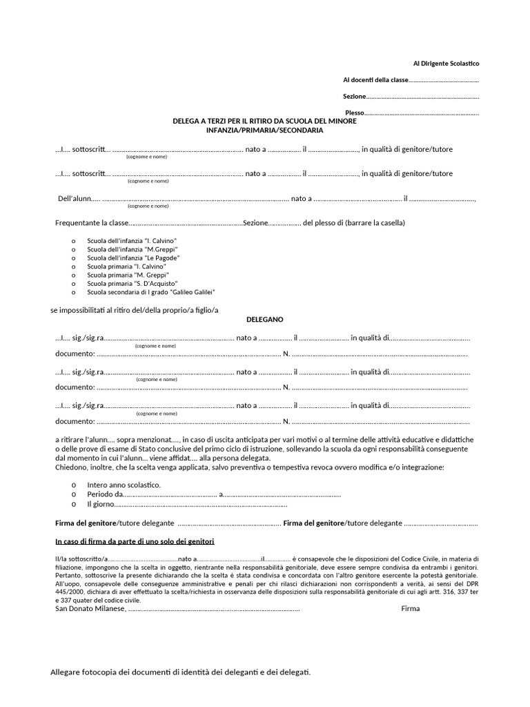 ISTITUTO - Modulo Delega A Terzi Per Ritiro Minori | PDF